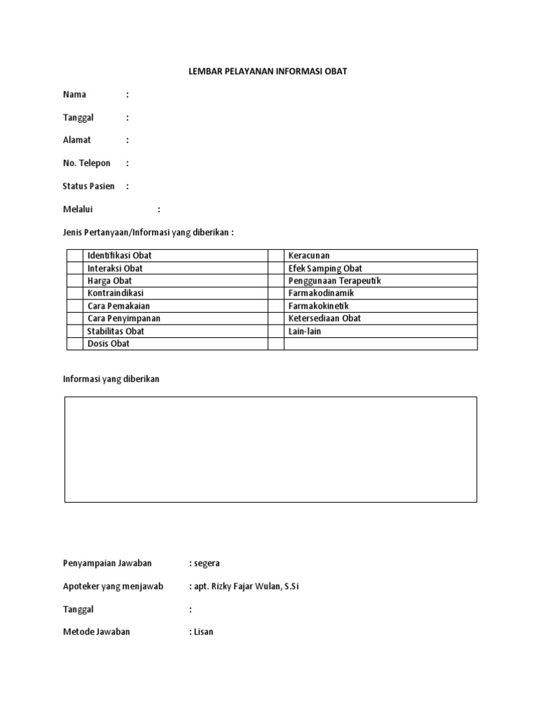 Lembar Pelayanan Informasi Obat | PDF