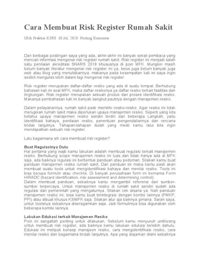 Cara Membuat Risk Register Rumah Sakit | PDF
