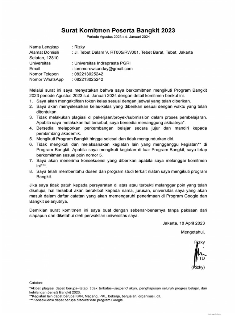 Surat Komitmen Peserta Bangkit 2023 - H2 | PDF