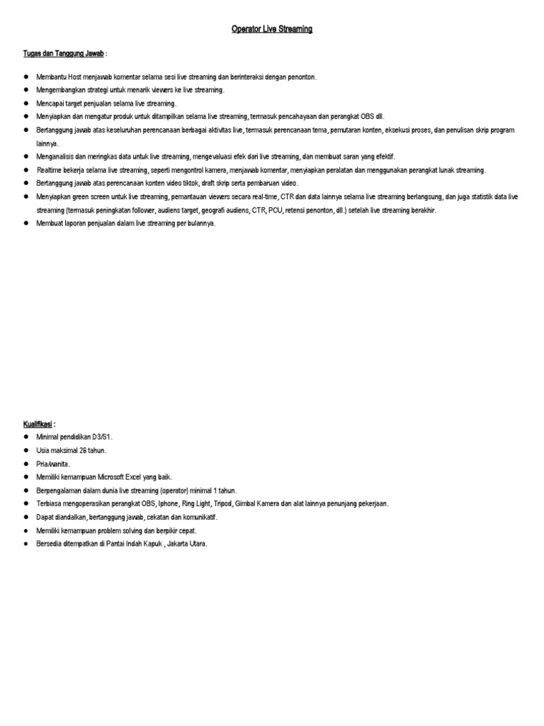Operator Live Streaming Job & Req | PDF