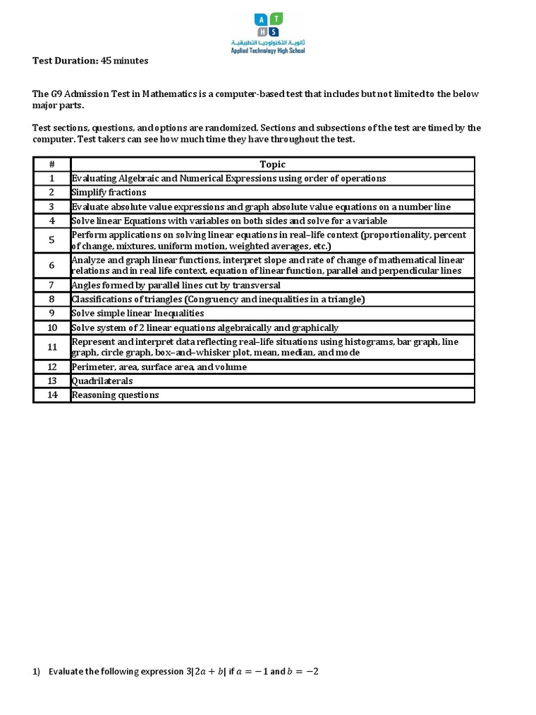 G09 - Maths - Sample - Admission - Exam | PDF | Equations | Area