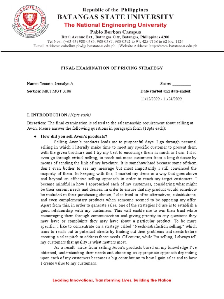 Jenna - FINAL EXAMINATION MKT 305 | PDF | Brand | Pricing