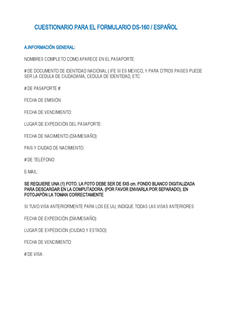 CUESTIONARIO ACTUALIZADO PARA EL DS-160 -OCTOBER 2019-LAST VERSION ...