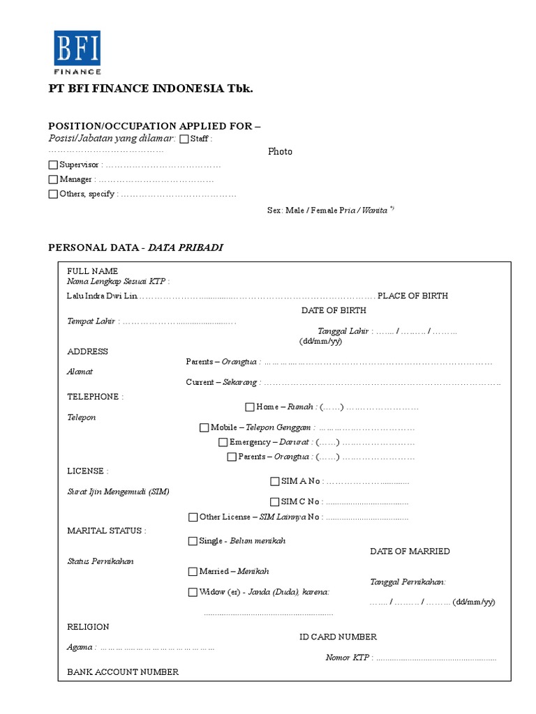 Formulir Lamaran Kerja BFI Finance | PDF