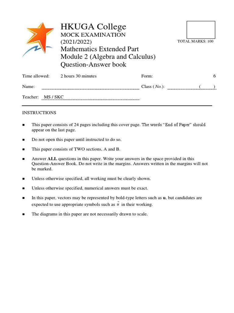 Hkugac s6 2122 Mock Math Ep (m2) | PDF Hkugac s6 2122 Mock Math Ep (m2) | PDF