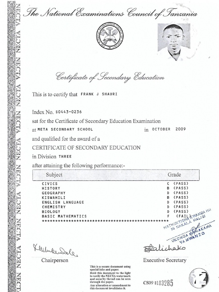 Form Four Certificate Frank Shauri | PDF