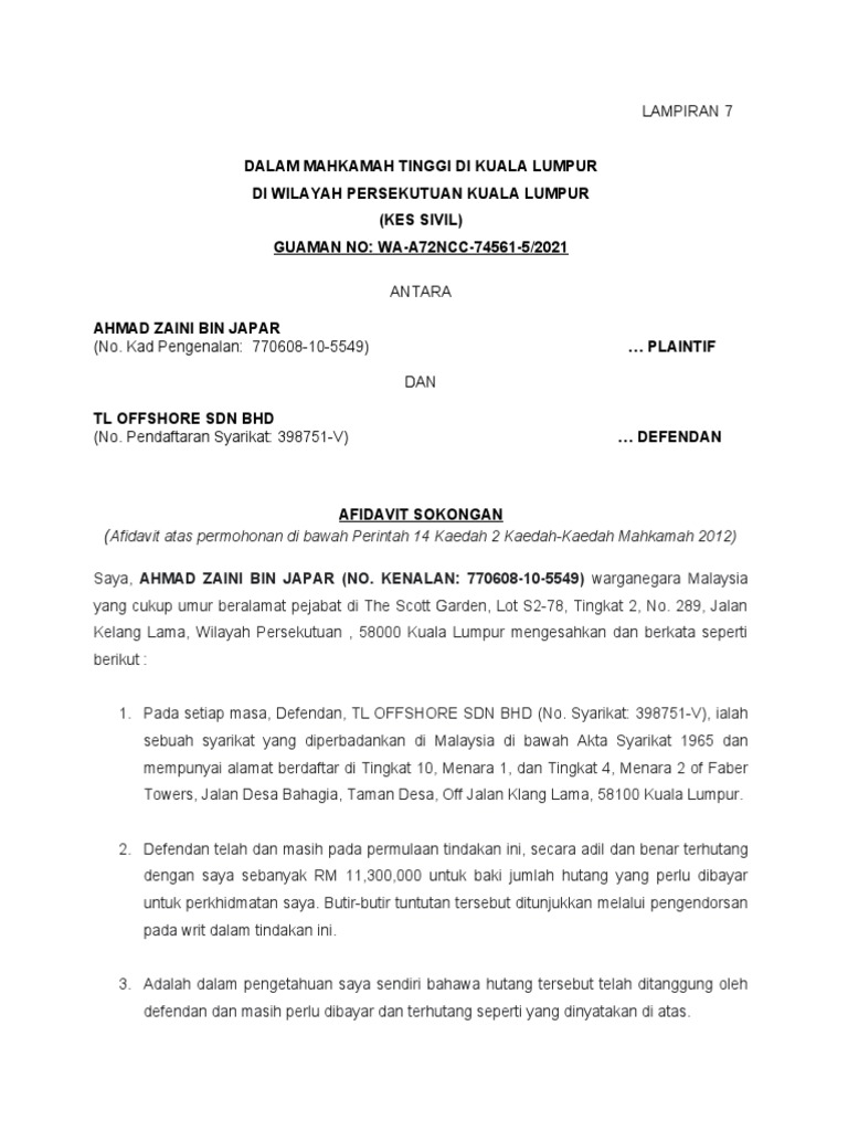 Affidavit Sokongan Plaintiff Pdf