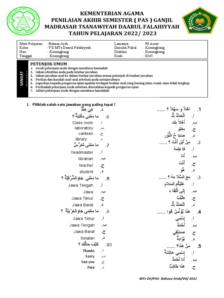Soal Pas B.arab Kelas Vii | PDF