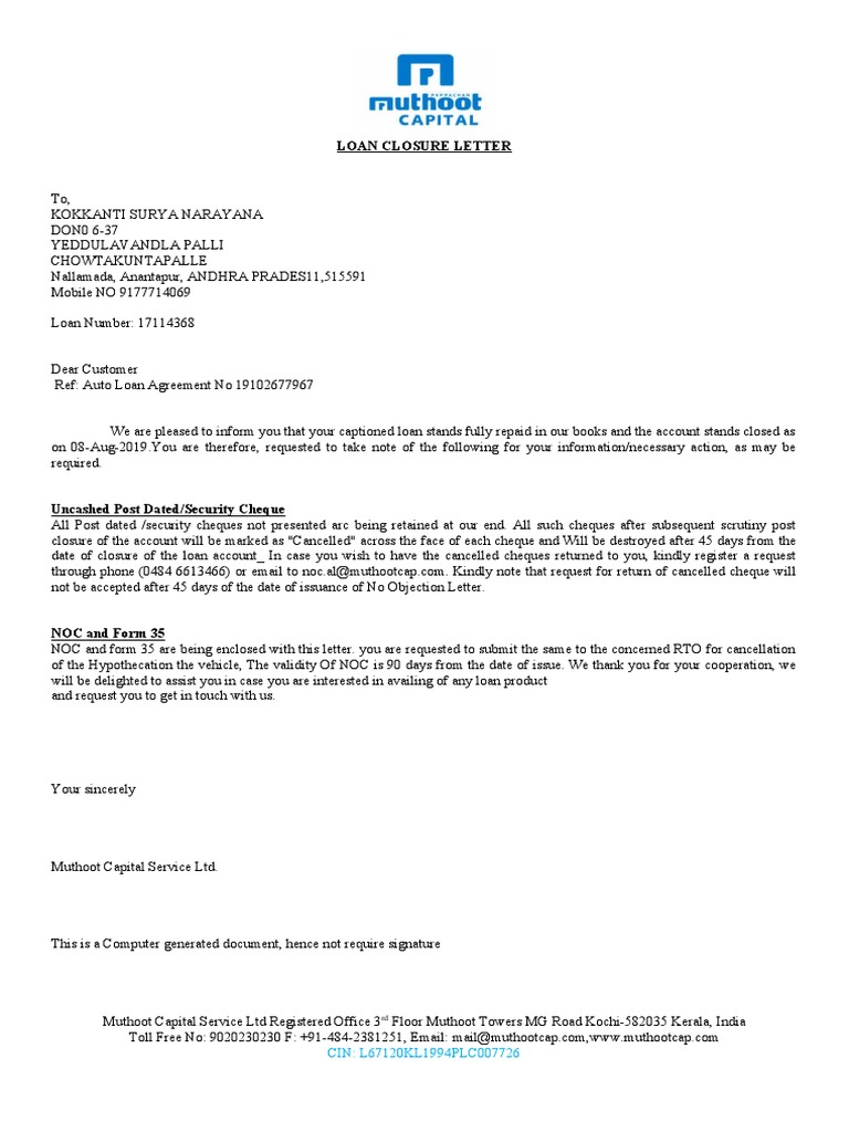 Loan Closure Letter 3 | PDF