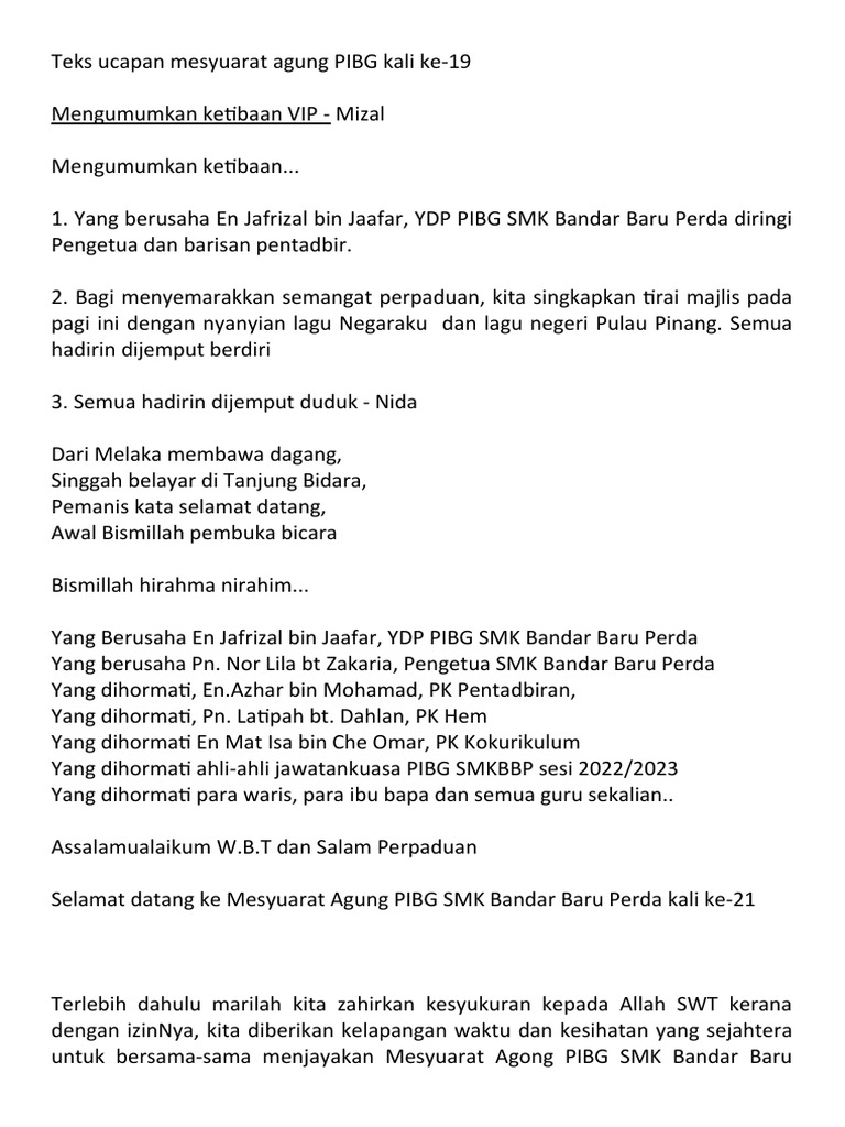 Teks Ucapan Mesyuarat Agung PIBG Kali Ke-19 SMK BBP Tahun 2022 | PDF