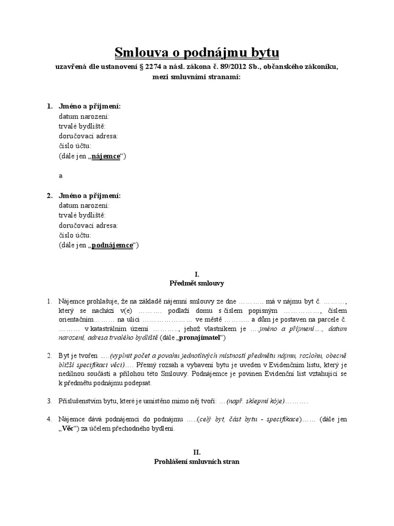 Smlouva o Podnajmu Bytu Vzor | PDF