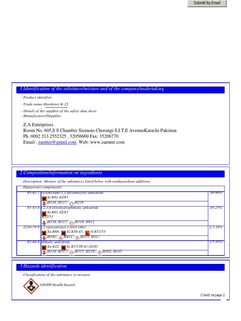 Hardener K-12 MSDS | Download Free PDF | Dangerous Goods | Toxicity