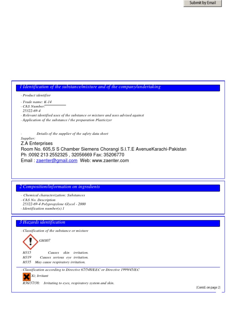 K-14 MSDS | PDF | Dangerous Goods | Toxicity