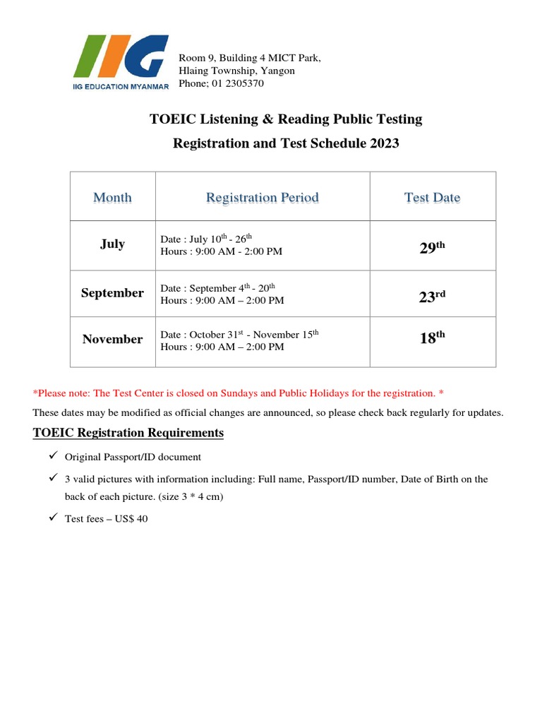 TOEIC Listening & Reading Test Schedule 2023 - 2-1 | PDF