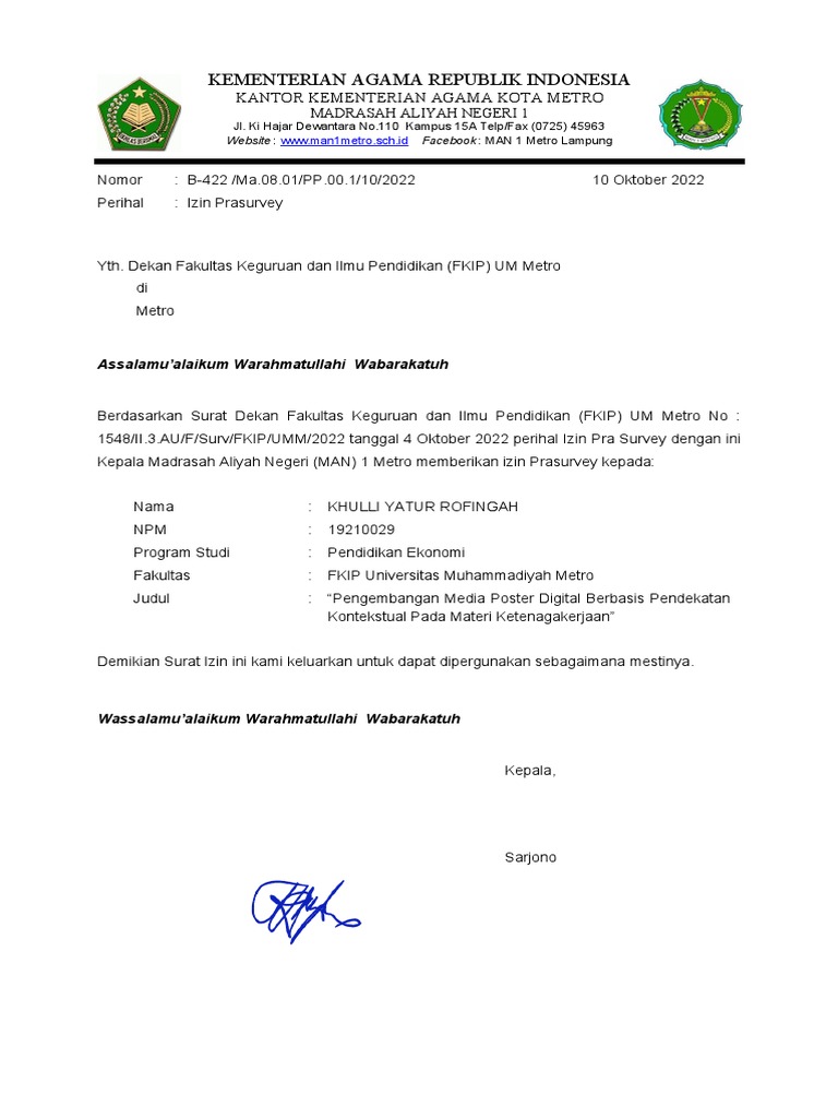Surat Balasan Ijin Pra Survey Khuli Yatur Rofingah | PDF | Ilmu Sosial ...
