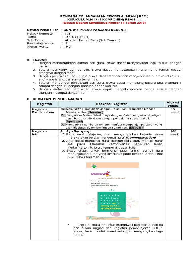 RPP Kelas 1: Tema Diriku | PDF | Seni & Disiplin Bahasa