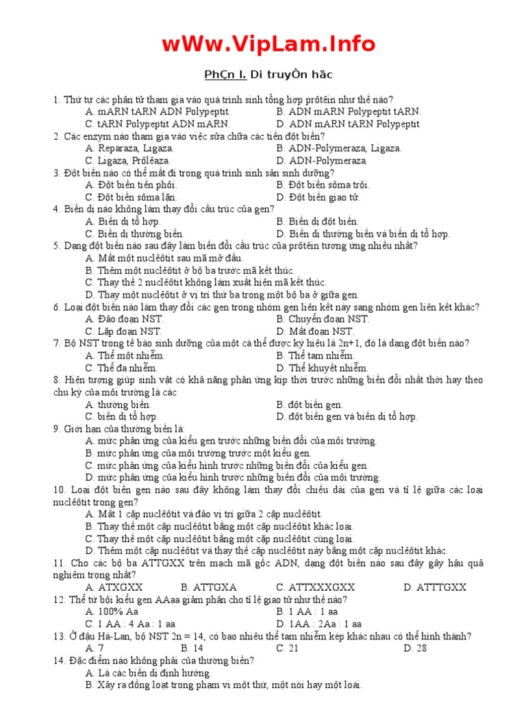 650 Cau Trac Nghiem Sinh Hoc 12 Co Dap An | PDF