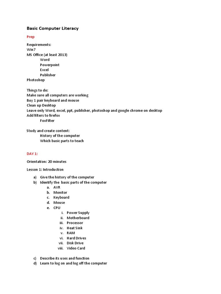00 Basic Computer Literacy Class Outline | PDF | Spreadsheet ...