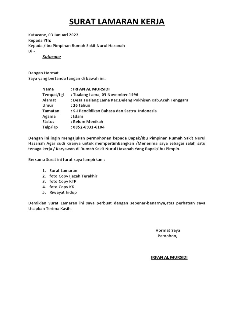 Surat Lamaran Kerja & Riwayat Hidup Rumah Sakit Nurul Irfan Al Mursidi 2021 | PDF