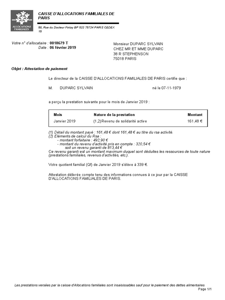 Attestation de paiement RSA - Janvier 2019 | PDF