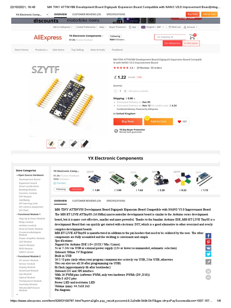 MH TINY ATTINY88 Development Board Digispark Expansion Board Compatible ...
