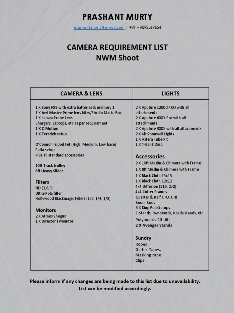 Camera Requirement List - NVM | PDF | Recording Devices | Optics