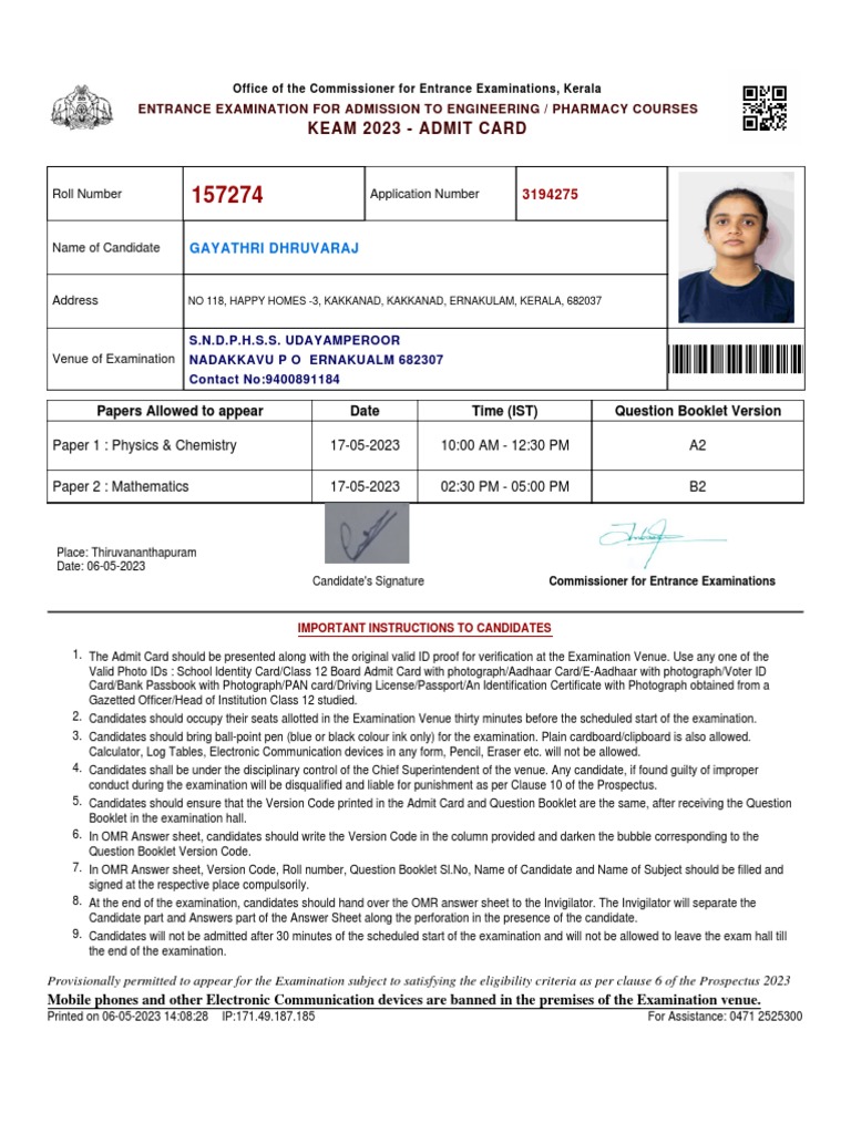 keAM ADMIT CARD | PDF