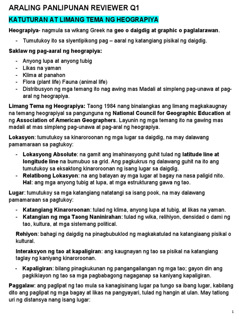 Araling Panlipunan Reviewer q1 | PDF