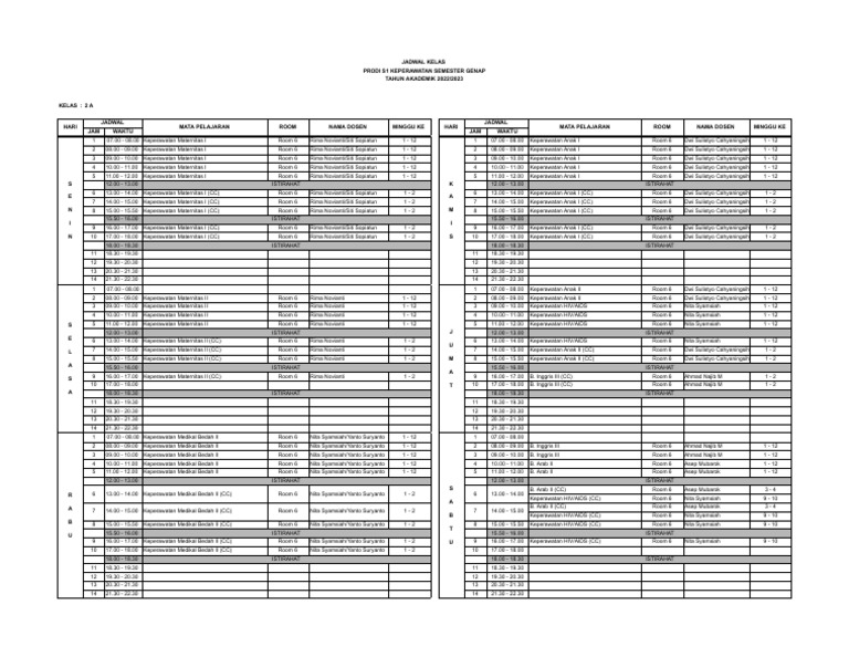 Jadwal Kelas Genap STIKes - S1 Kep 2A Revisi Google Sheets | PDF