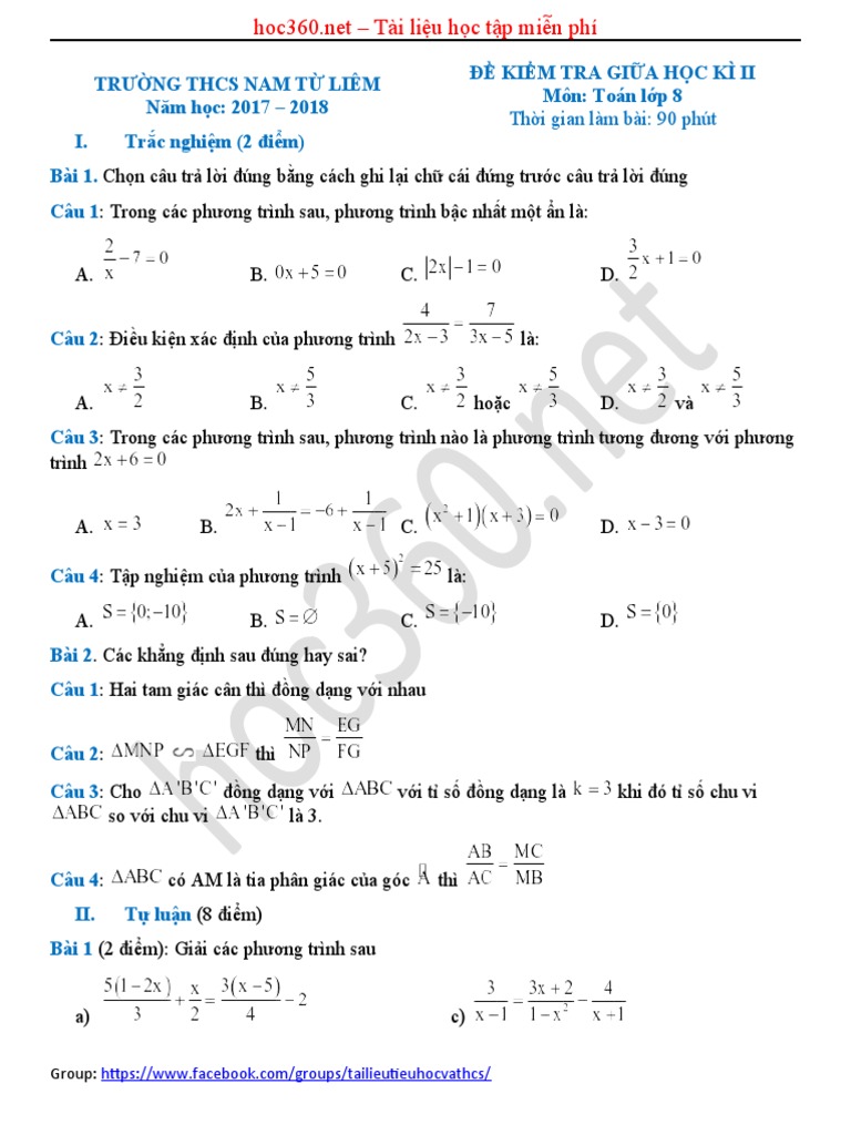 Toán 8 Hkii KTGHK THCS Nam T Liêm 2017 2018 | PDF