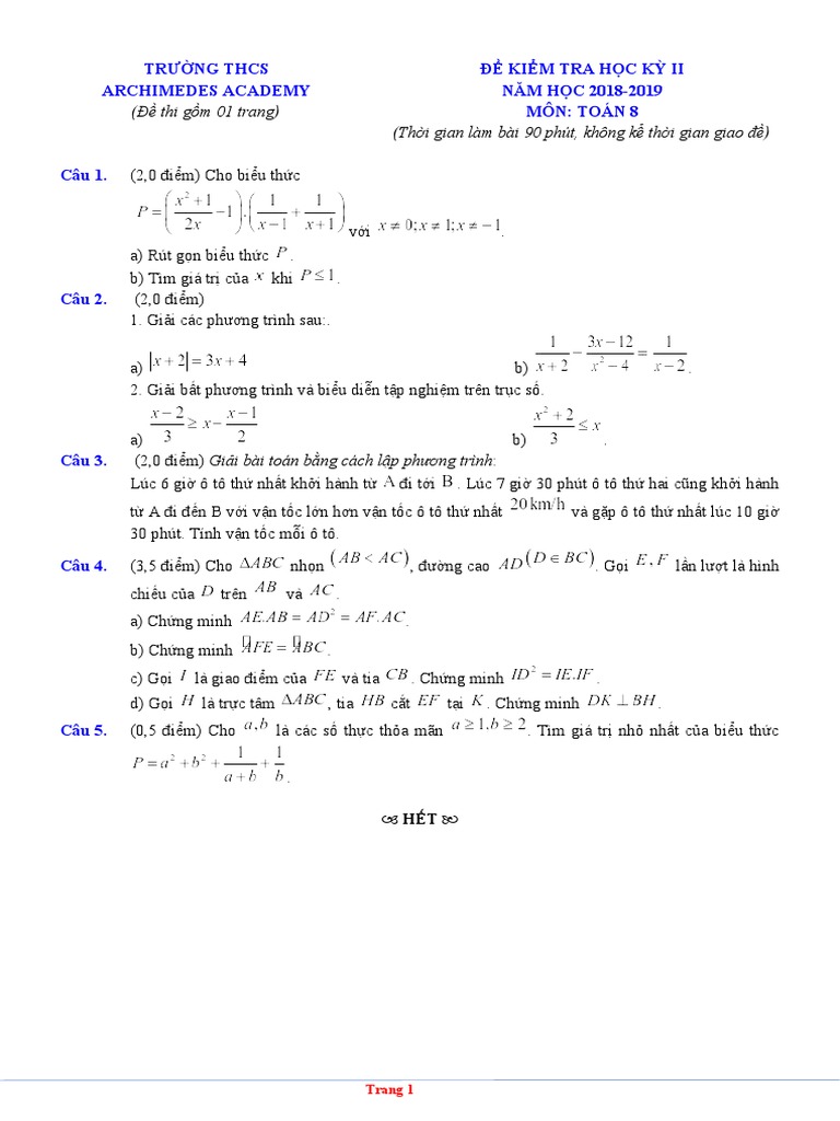 Toan 8 Hk2 2018 2019 Archimedes Toan Thcs VN | PDF