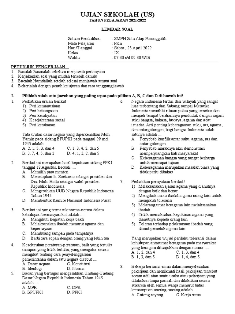 Soal US PKN Kelas IX | PDF