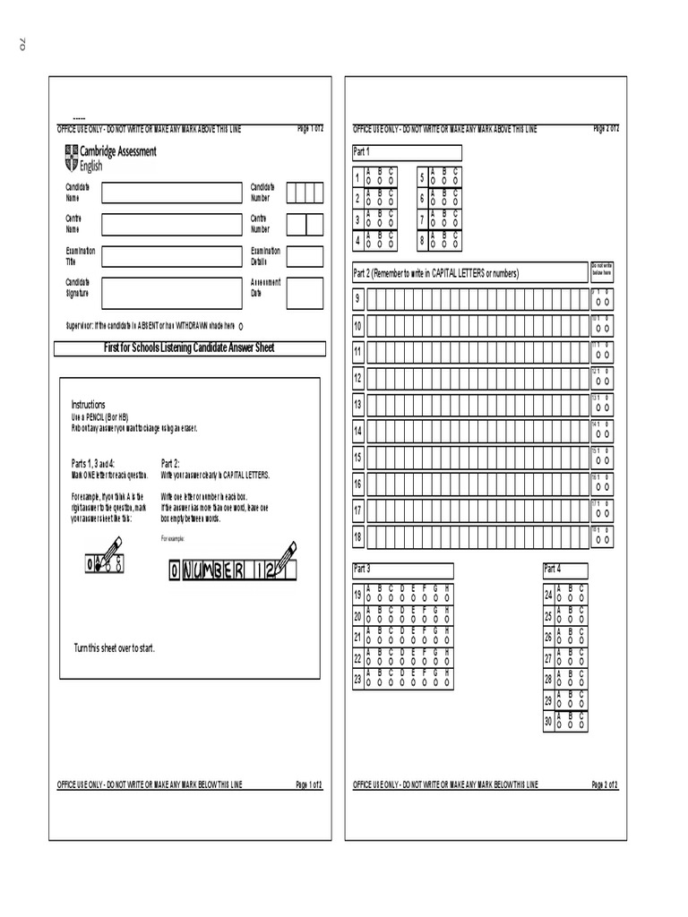 First For Schools Answer Sheet Listening | PDF