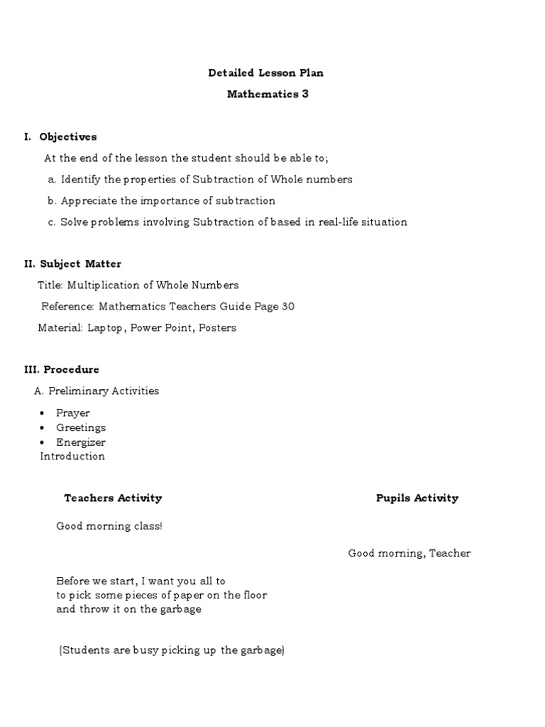 Detailed Lesson Plan Subtraction | PDF