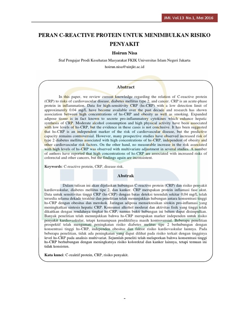 Hoirun Nisa - JMI Vol.13 No.1 Tahun 2016 - NoRestriction | PDF | C Reactive Protein | Medicine