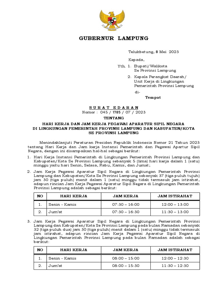 Surat Edaran Gubernur Lampung Tentang Hari Kerja Dan Jam Kerja ASN Dilingkungan Pemerintah ...