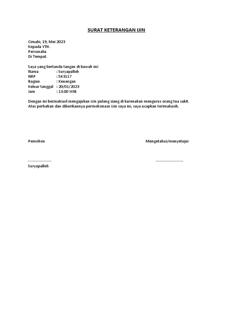Contoh Surat Ijin Pulang | PDF