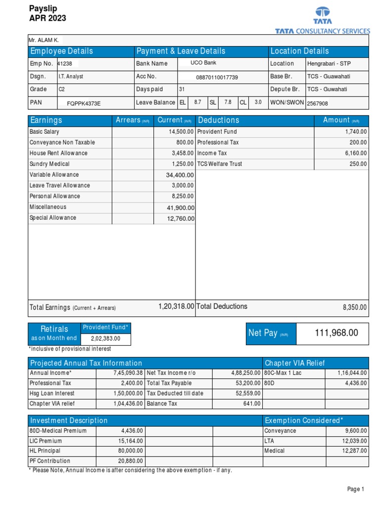 Tata Capital Salary Slip Overview | PDF