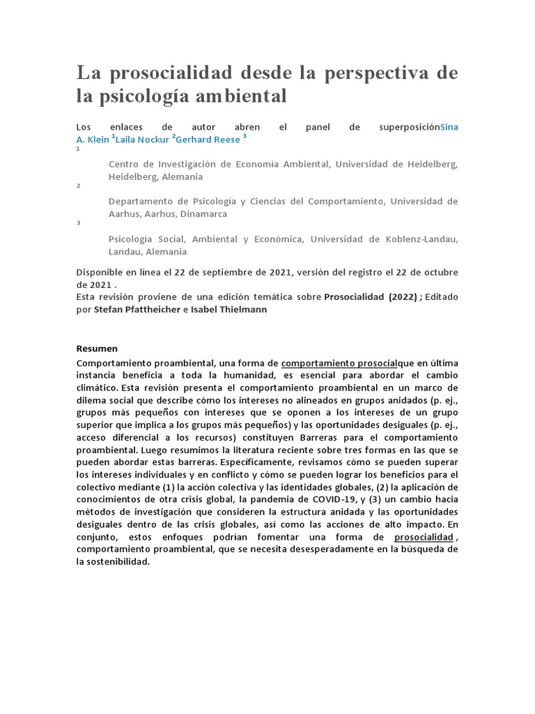 La prosocialidad desde la perspectiva de la psicología ambiental | PDF ...