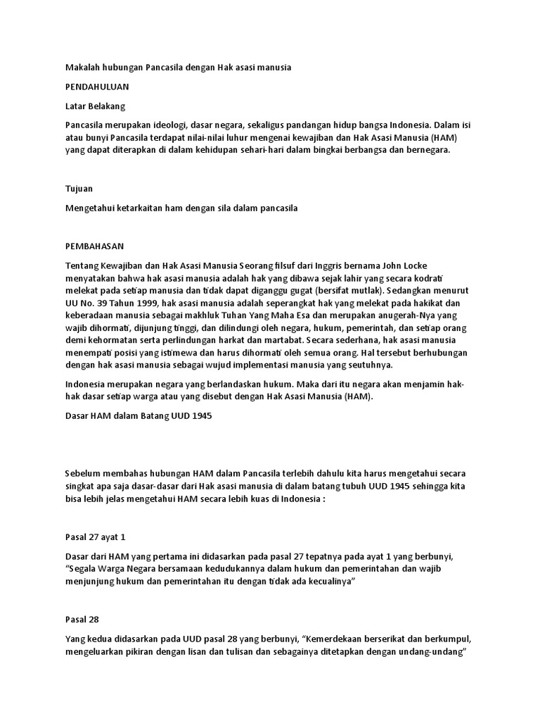 Makalah Hubungan Pancasila Dengan Hak Asasi Manusia | PDF