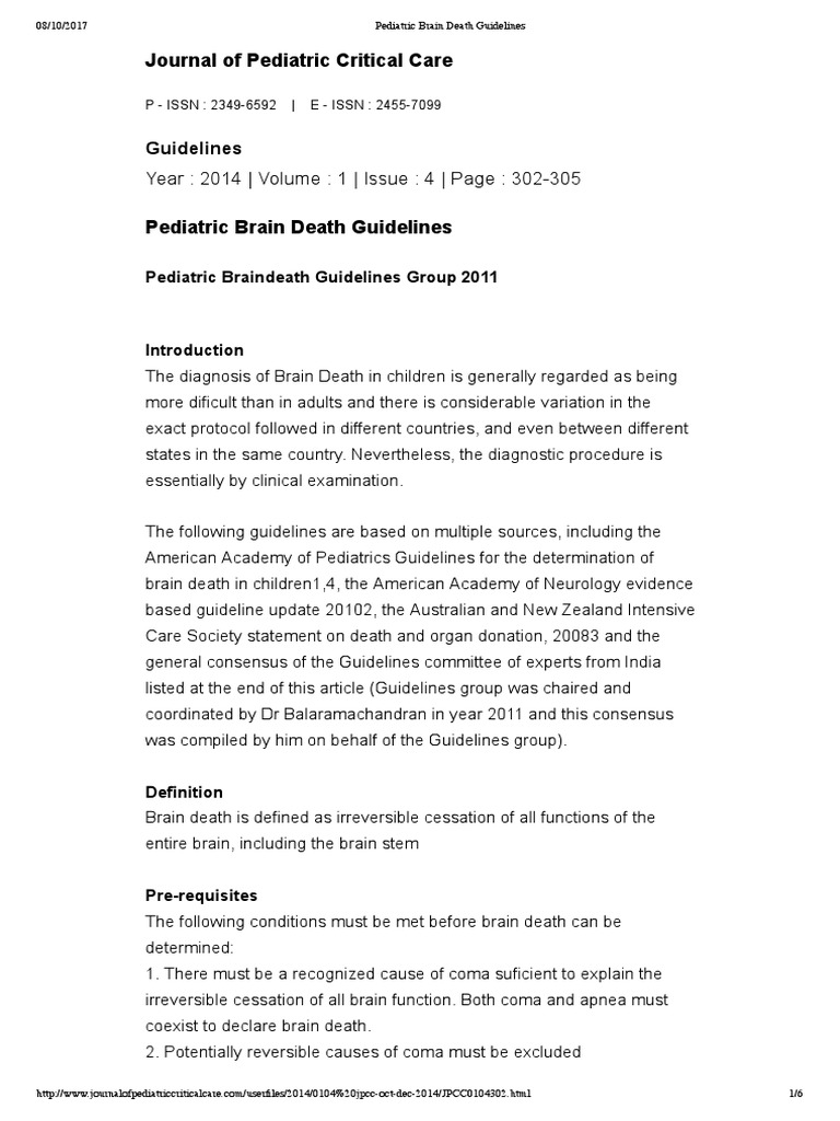 Pediatric Brain Death Guidelines JPCC 2014 | PDF