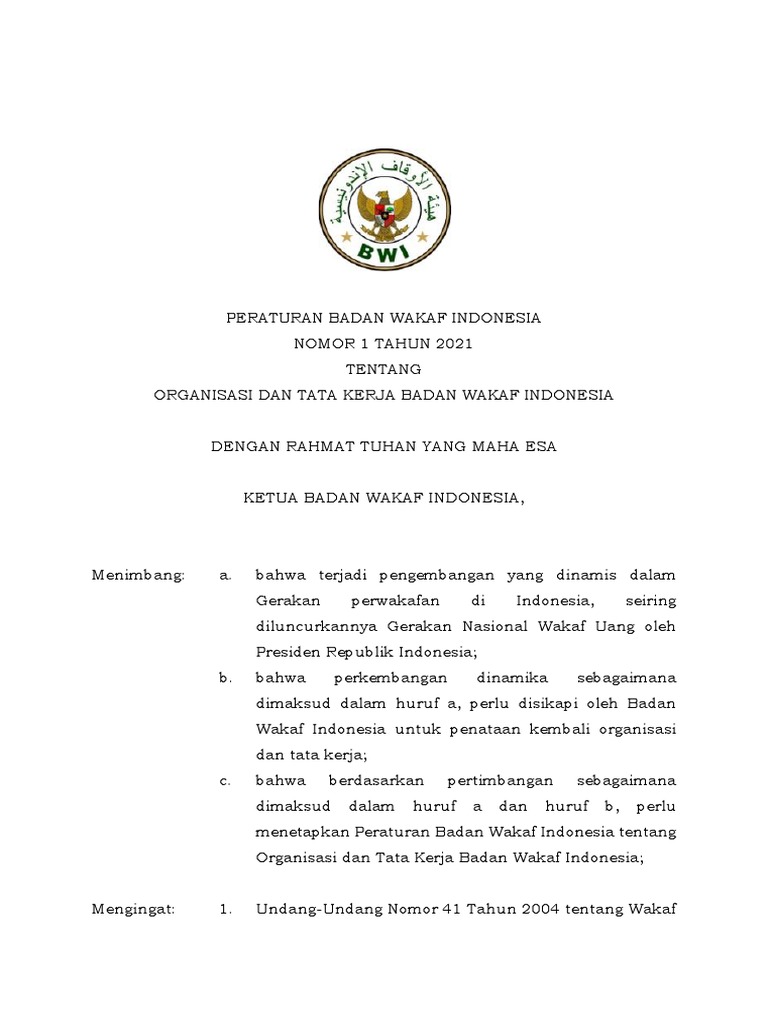 Peraturan BWI No. 01 Tahun 2021 Tentang Organisasi Dan Tata Kerja BWI | PDF