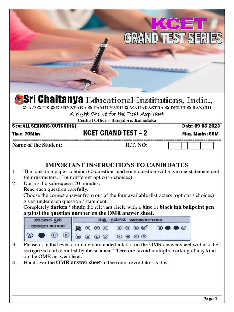 All Seniors - Kcet GT - 2 - Maths - Q.paper | PDF | Equations | Area