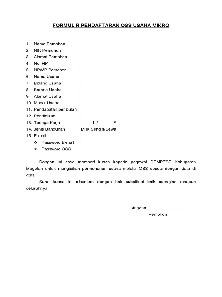 Formulir Pendaftaran Oss Usaha Mikro | PDF