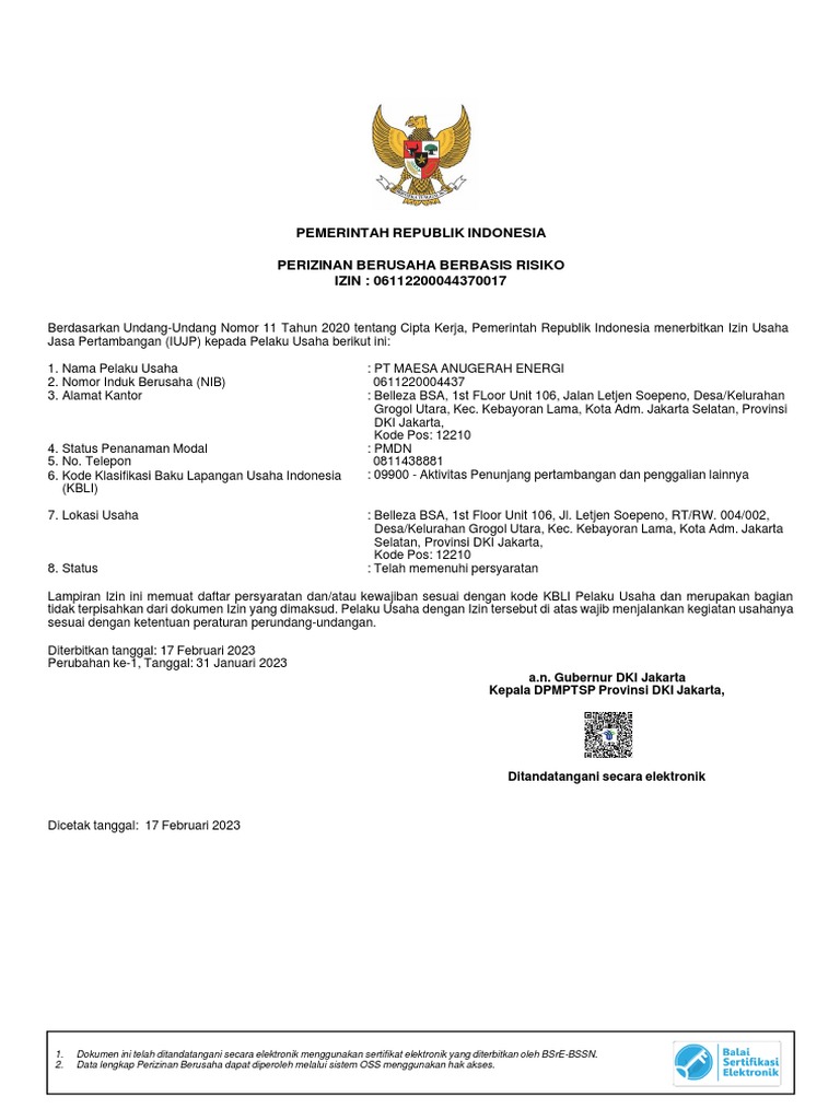 Izin Usaha Pertambangan PT Maesa | PDF