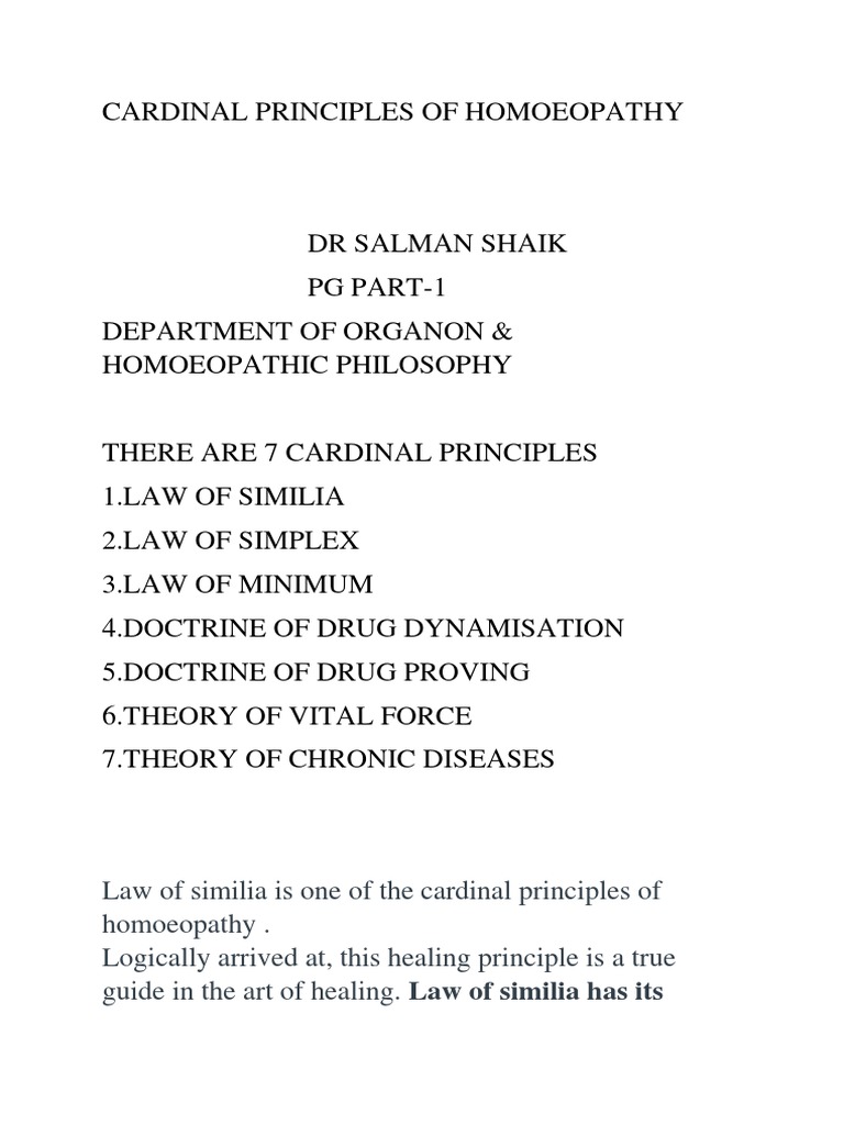 Cardinal Principles of Homoeopathy | PDF | Homeopathy | Dose (Biochemistry)
