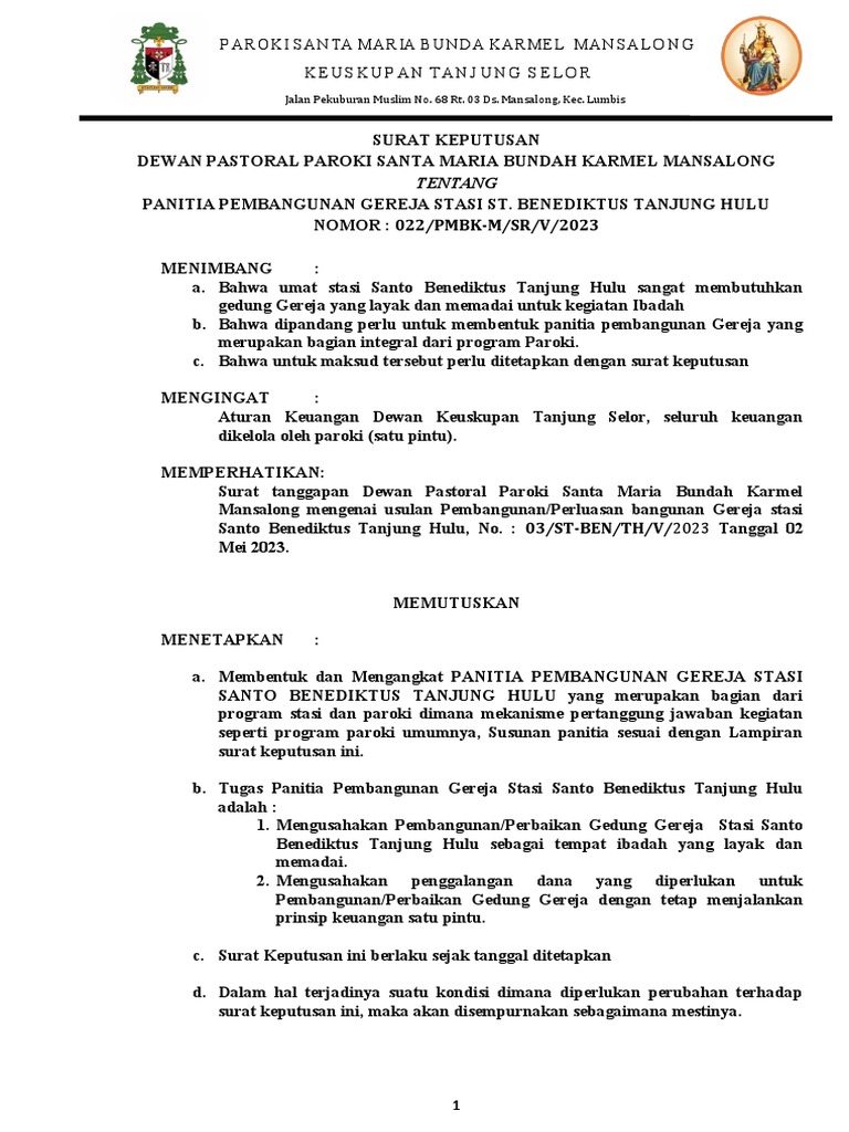 SK Panitia Pembangunan Gereja Stasi | PDF