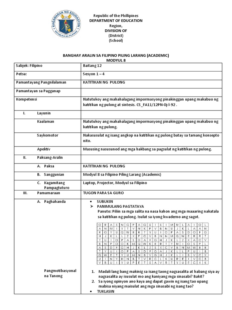 Lesson Plan Grade 12 - Module 8 | PDF Lesson Plan Grade 12 - Module 8 | PDF
