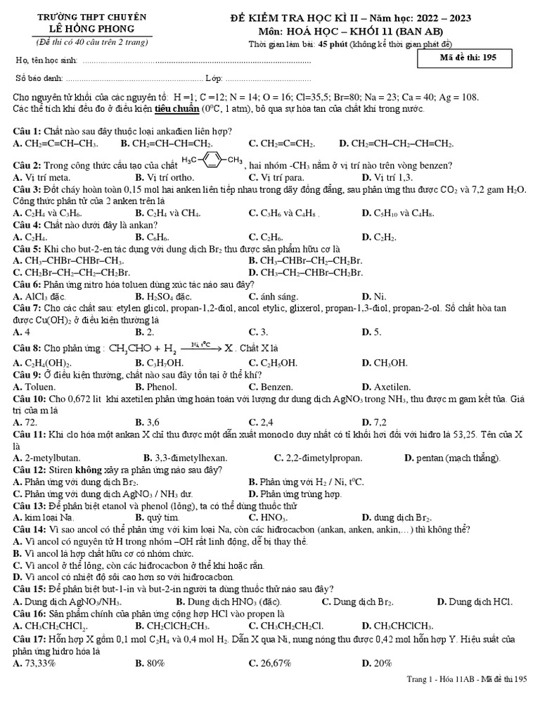 LỚP 11AB ĐỀ 195 | PDF