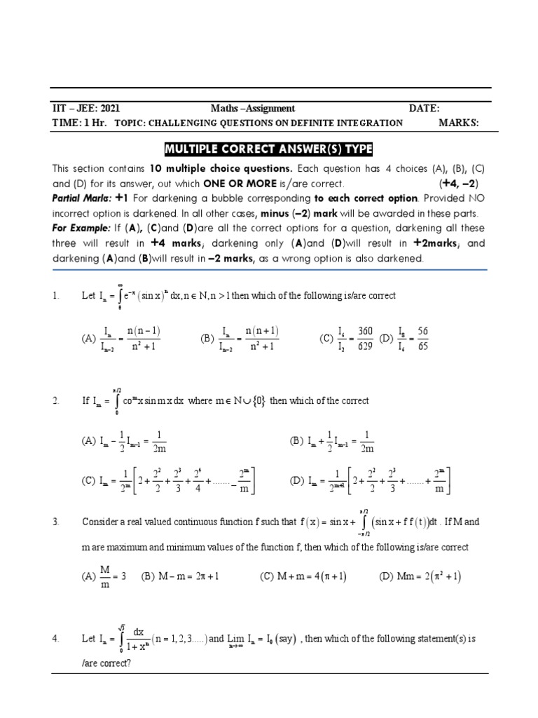 Test Paper (Definite Integration) Question Paper | PDF